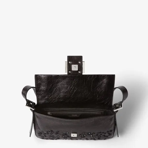 Fendi Baguette® 26424 Crackled Black Leather Bag With Wedge-shaped Mirrors